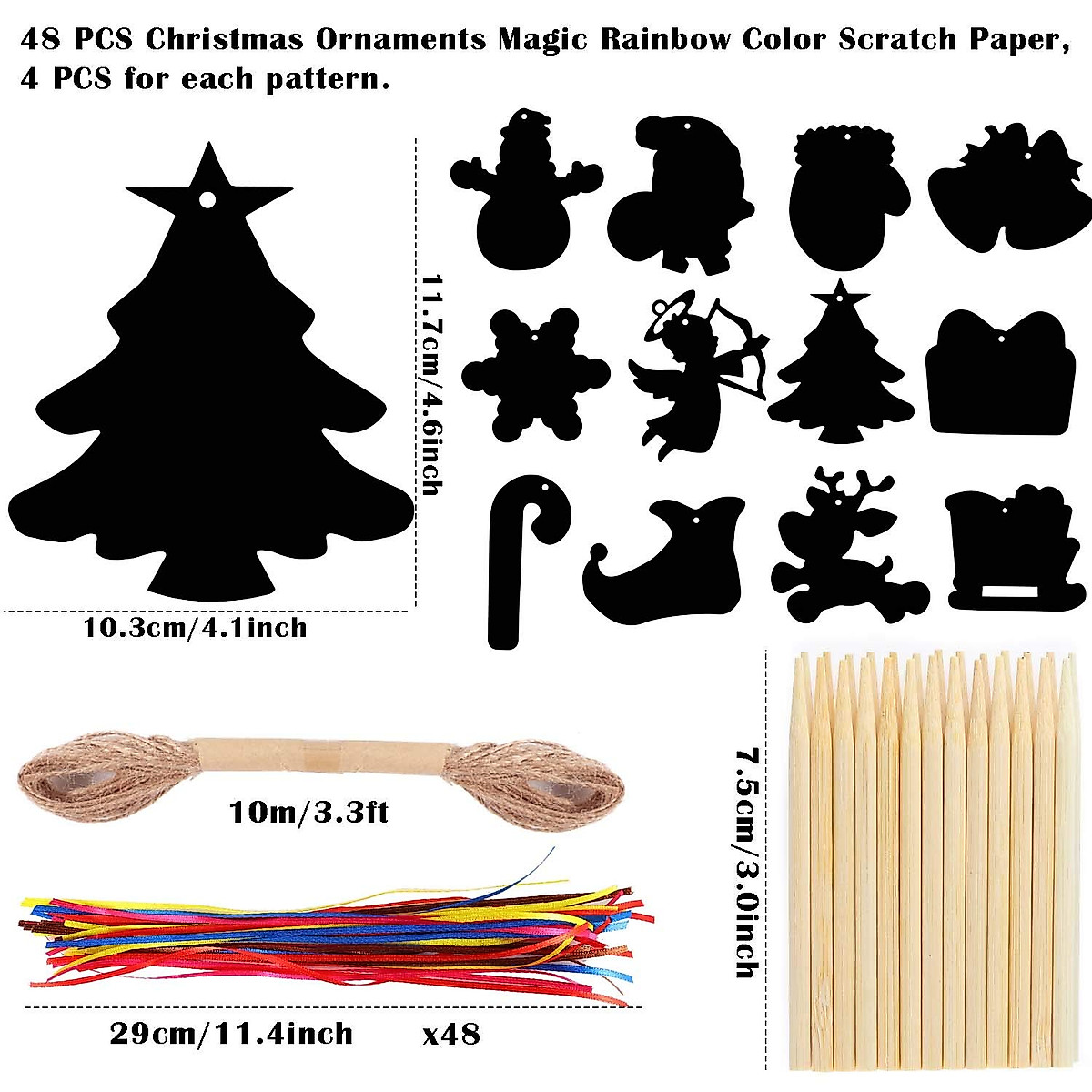 ACEHOOD 48 Sets Christmas Rainbow Scratch Paper Ornaments Kids Art Craft DIY Xmas Ornaments Christmas Party Decorations for Kids