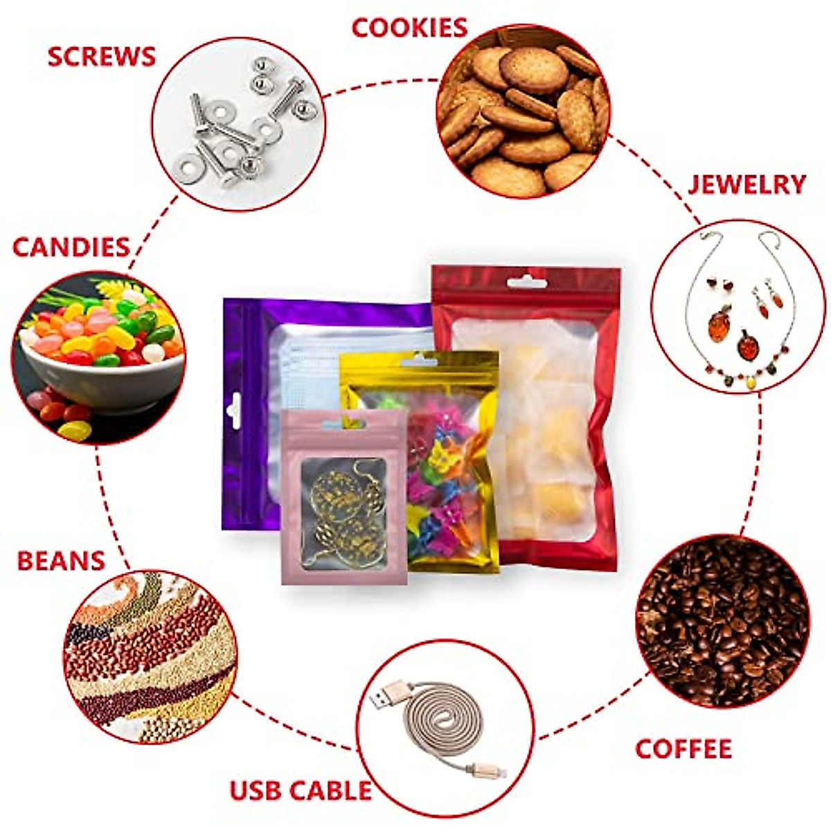 YOTOZU 100-Pack Resealable Ziplock Food Storage Bag Aluminium Foil Mylar Smell Proof Plastic Flat Clear Window Packaging Pouch for Party Favor Food Candy Jewelry Lip Gloss Optional Multi Color