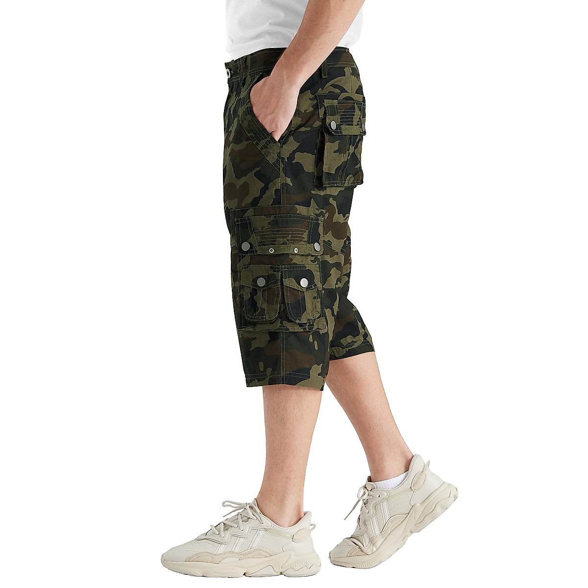 BEST SOUTH Men's Capri Long Twill Cargo Shorts below Knee 13 Inches Cotton Relaxed Fit Casual Multi-Pocket Army Green Camo 36