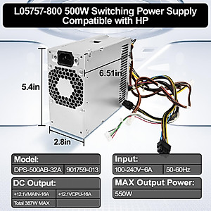 LXun Upgraded L05757-800 901759-013 500W Switching PSU Power Supply Compatible with HP EliteDesk Z2 G4 800 880 600 G3 G5, Model L05757-800 DPS-500AB-32 A,795-0003UR Desktop Power Supply New