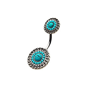 Pierced Owl Tribal Chain Swirl Bead Centered Stainless Steel Belly Button Navel Ring (Turquoise)