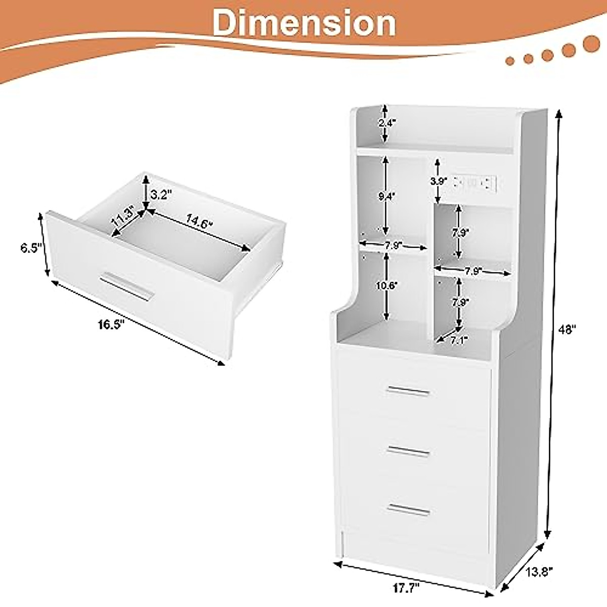 YESHOMY Nightstand with Charging Station and USB Ports, 47" Tall End Table with Adjustable Bookshelf, 3 Drawers with Storage Cabinet for Home Bedroom, Livingroom, White