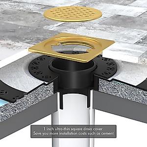 4” Drain Grate Kit - Compatible with Schluter Kerdi Shower Drain - Square Shower Floor Drain Kit with Flange - SUS 304 Stainless Steel Grate & 2 Inch ABS Flange & CUPC Certification - Brushed Brass