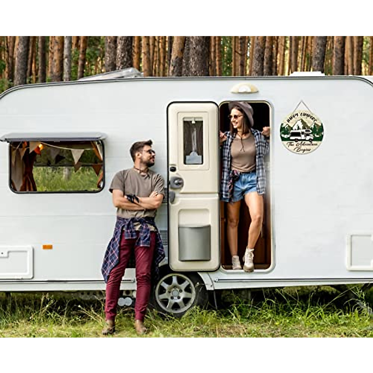 WhatSign Happy Camper Decor Sign 11.5" Farmhouse Camper Decorations Sign RV Accessories for Inside Funny Adventure Camping Hanging Signs for RV Travel Trailers Glamping Camper Wall Window Decor