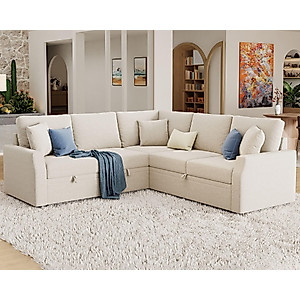 Jocisland Sofa Bed, 85 Inch Sleeper Sofa with Pull Out Bed & Storage Seat, Reversible L Shape Sectional Couch for Living Room Apartment, Beige Linen Oversized Sofa