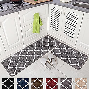 Carvapet 2 Pieces Kitchen Rugs and Mats Set Absorbent Soft Microfiber Bath Mat Moroccan Trellis Non-Slip Kitchen Mat Doormat Runner Set, 17"x48"+17"x24", Grey
