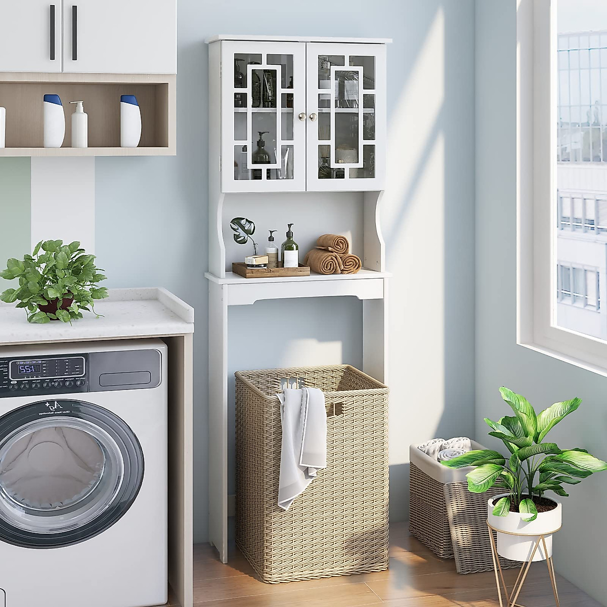 Tangkula Over The Toilet Storage Cabinet, Freestanding Over Toilet Storage Rack w/ 2 Tempered Glass Doors, Open Shelf, 3-Position Adjustable Shelf, Space-Saving Bathroom Organizer (White)