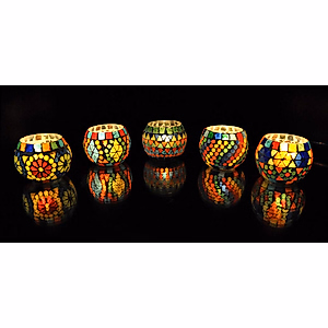 Lalhaveli Wedding Home Garden Decoration Night Lighting Mosaic Glass Votive Tea Light Candle Holder Set of 5 Pcs (3X3 Inch)