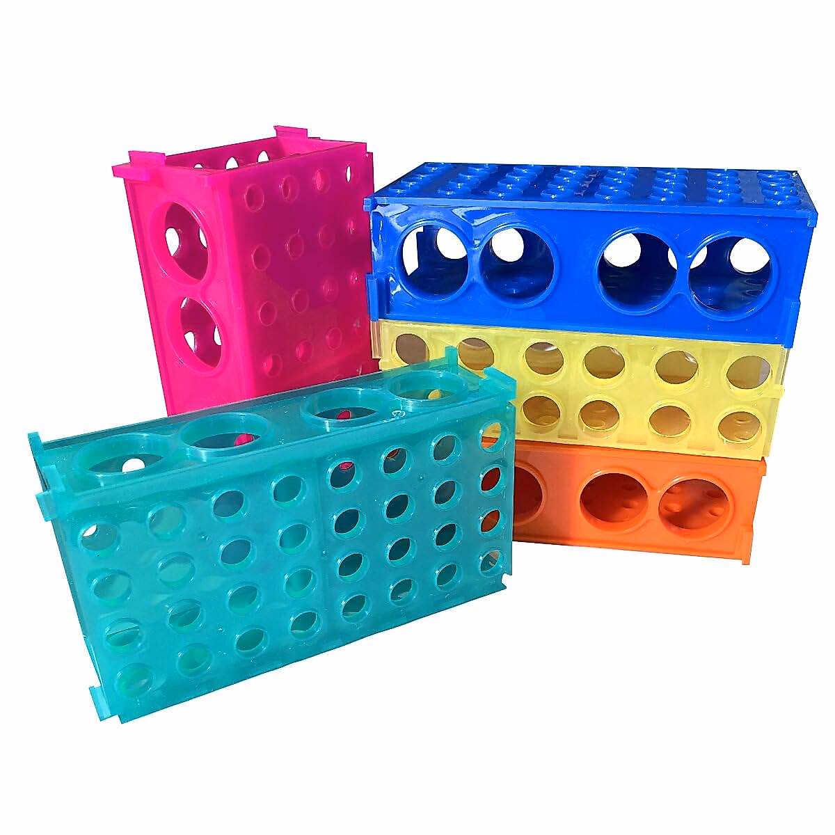 4-Way Plastic Test Tube Rack,Test Tube Holder with 5 Different Colors（Blue,Yellow,Orange,Pink,Green),Pack of 5