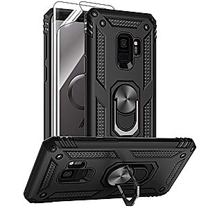 Androgate for Samsung Galaxy S9 Case with HD Screen Protectors, Military-Grade Metal Ring Holder Kickstand 15ft Drop Tested Shockproof Cover Case for Samsung Galaxy S9 (2018), Black