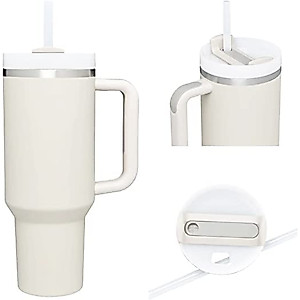 40oz stainless steel vacuum mug with handle and straw flip straw travel mug for men and women (White)
