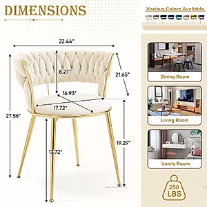Modern Velvet Dining Chairs Set of 4, Upholstered Living Room Chair with Woven Back and Golden Metal Legs, Mid-Century Accent Side Chair for Dining Room, Living Room, Kitchen, Vanity Room, Ivory