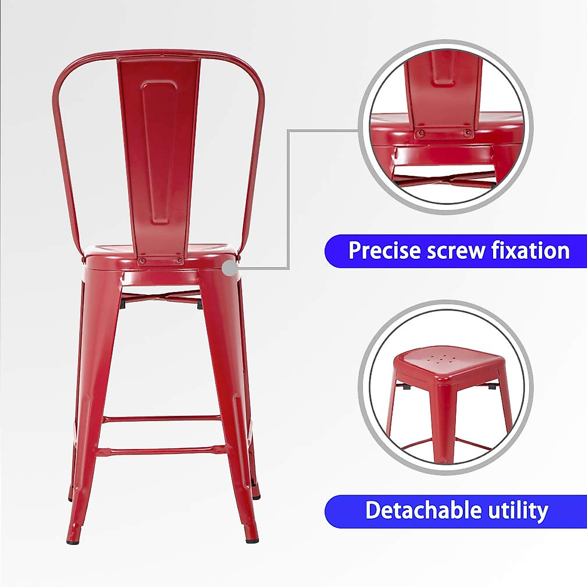 24 Inches Bar Stool Set of 4 Counter Height Barstool with Back Seat Height Industrial Bar Chairs Indoor Outdoor Metal Bar Stool Kitchen Stools Restaurant Patio Stool Stackable Modern Kitchen Stool