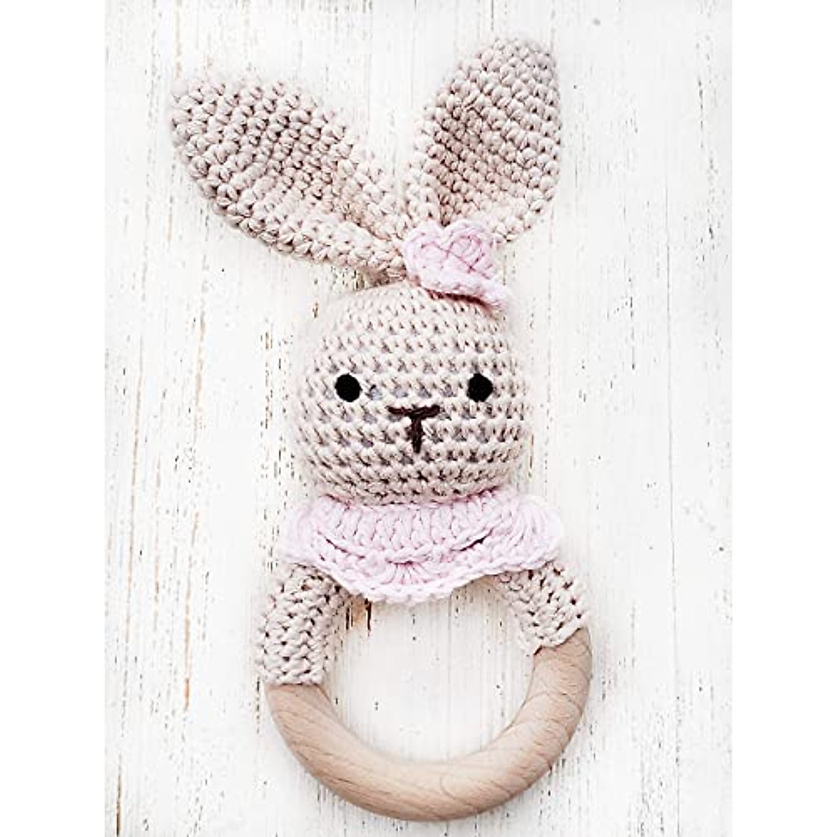 Natural Crochet Teether Toy Rattle for Baby Forest Friends Handmade Amigurumi Crochet Bunny Deer Fox on Natural Wooden Teething Ring Rattle Natural Baby Toys (Girl Bunny)
