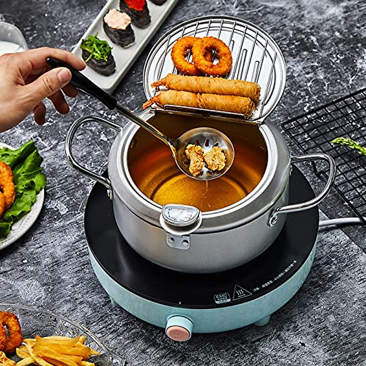 Cyrder Japanese Tempura Deep Fryer Pot with Thermometer and lid, 9.5" For Home with Oil Filtration, Big Deep Fryer Perfect for Family Easy Clean, Silver Deep Fryer Pot