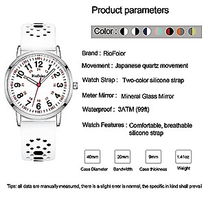 RioFoior Nurse Watch for Nurse,Nursing Student,Medical Professionals,Doctors,with Variety Colors,Second Hand and 24 Hour,Easy to Read Waterproof Watch（White-Black）