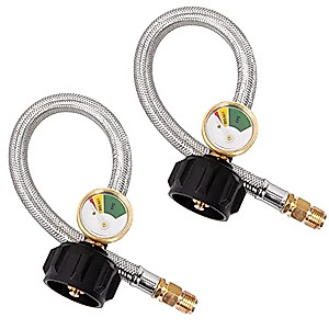 SHINESTAR 15-Inch RV Propane Hose with Gauge for 5-40lb Tanks, Camper Propane Hose for 2-Stage Auto Changeover Regulator, 1/4-Inch Inverted Male Flare x QCC-1, 2-Pack