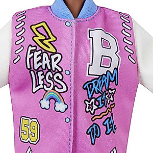 Barbie Fashionistas Doll #156 with Brunette Afro & Blue Lips Wearing Graphic Coat Dress & Yellow Shoes, Toy for Kids 3 to 8 Years Old