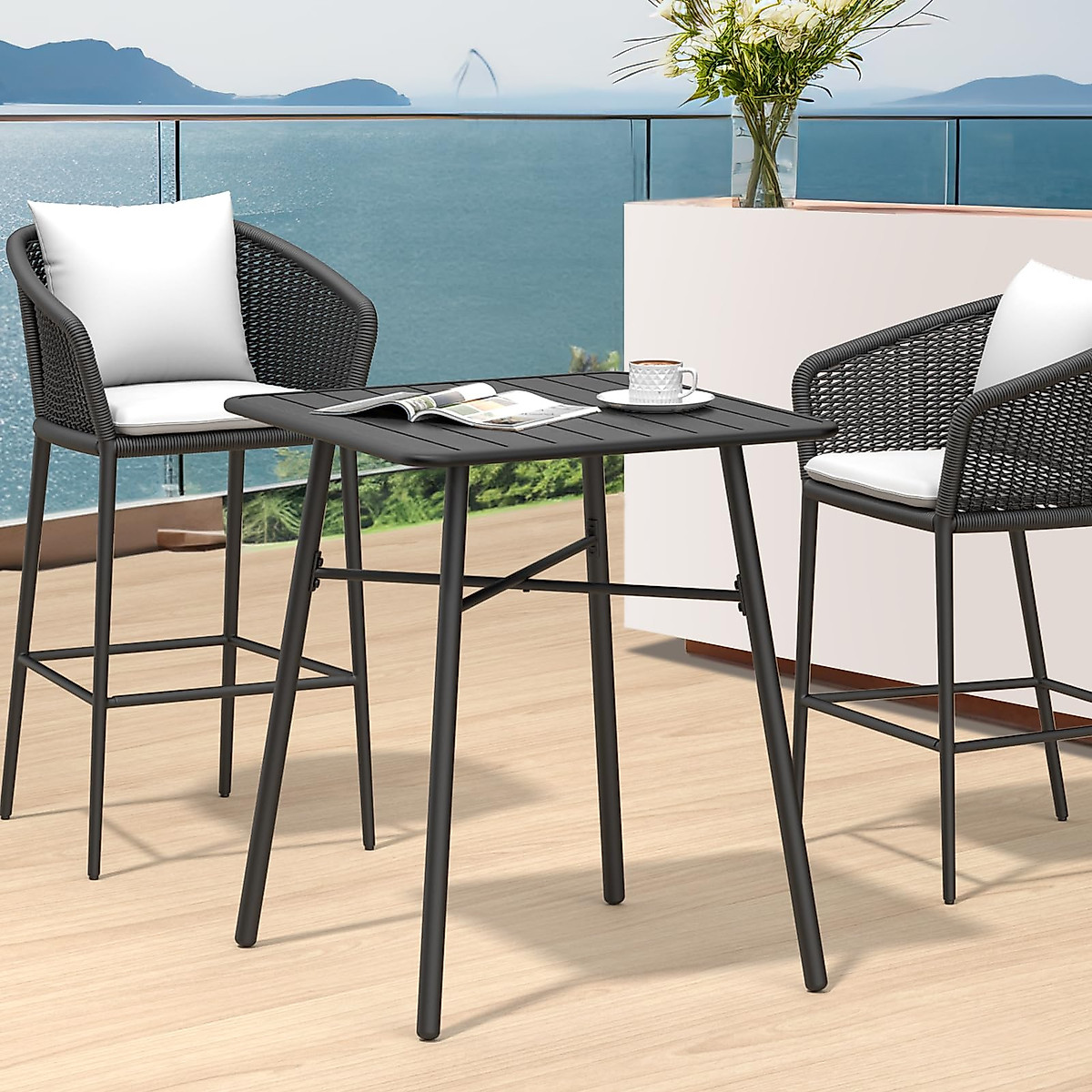 C-Hopetree 41" Counter Height Bar Table, Square Metal Pub Bistro Cocktail Table for Indoor Outdoor Use, Black