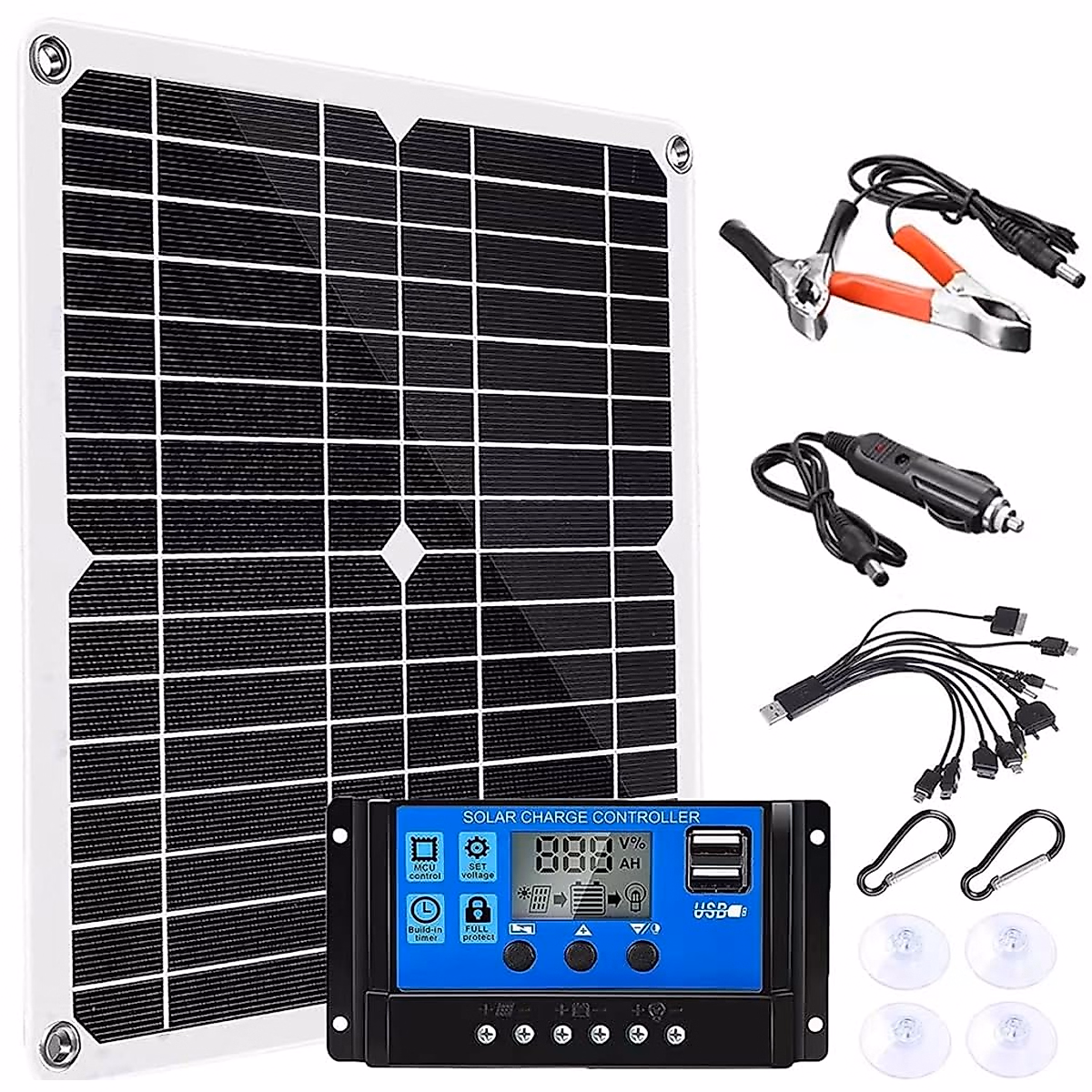 Ovfioaji 200W Solar Panel Kit 12V with 100A Solar Charge Controller and Extension Cable with Battery Clips for Boat Motorcycle Home Outdoor Lights RV Outdoor Camera Generators