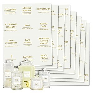 Talented Kitchen 144 Minimalistic Laundry Room Labels for Glass Jars, Preprinted Linen Closet Stickers for Containers, Bathroom Organization, Cleaning Supplies (Gold)