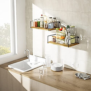 SRIWATANA Wide Floating Shelves, Rustic Wood Wall Shelves Set of 2, Wall Mounted Shelves with Large Capacity for Many Rooms Decor, Carbonized Black