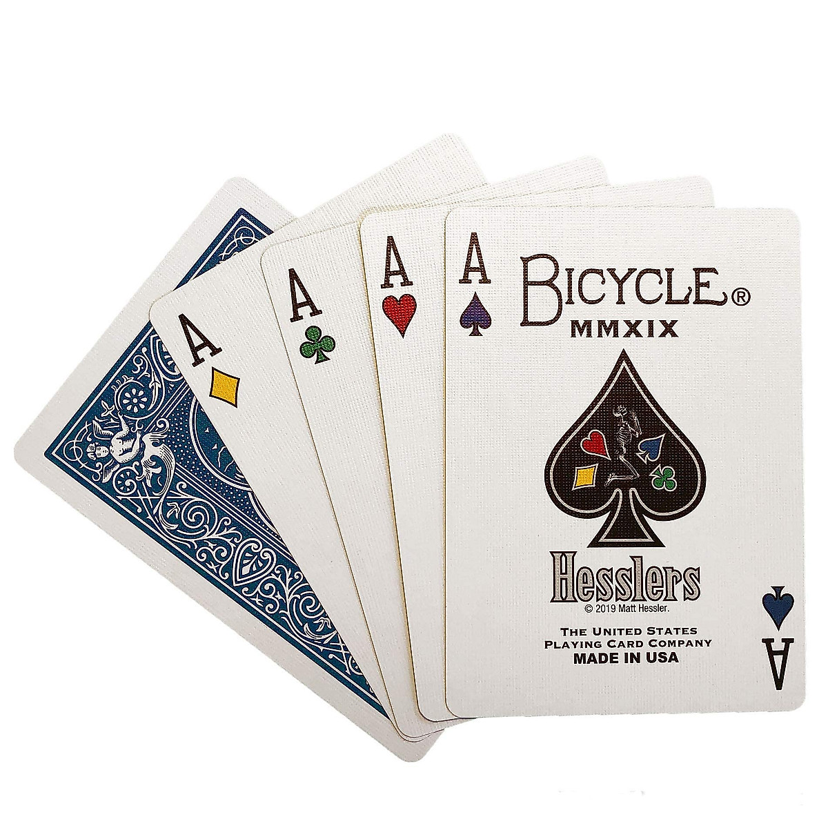Hesslers (Blue) Rider Back Playing Cards, Unique Four-Color Suites (Includes Poker Hand Reference Cards)