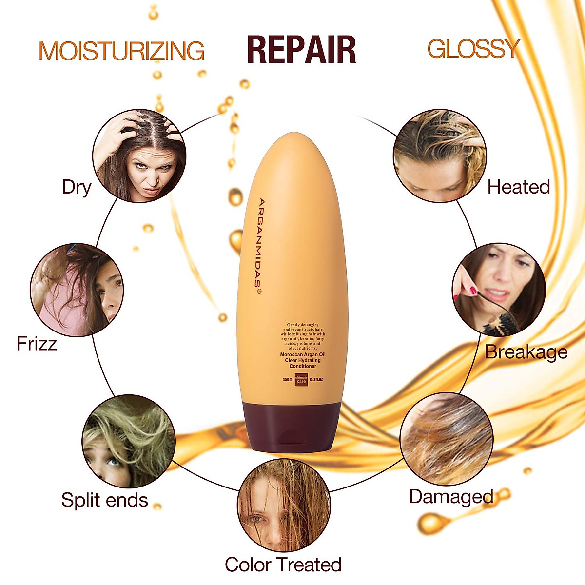 ARGANMIDAS Hair Conditioner, 15.3 Fl Oz Sulfate-Free Conditioner Intensely Smooth and Clear Hydrating Hair Conditioner, Argan Oil Daily Moisture Deep Conditioner for Color Treated Hair, Effectively Repair Dry Damaged and Frizzy Hair