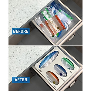 Egchi 4 Holes Ziplock Bag Storage Organizer, Acrylic Kitchen Drawer Baggie Box for Ziploc, Solimo, Hefty, Glad, Compatible with Gallon, Slider Quart, Freezer, Sandwich, Snack, Assorted Size（White）