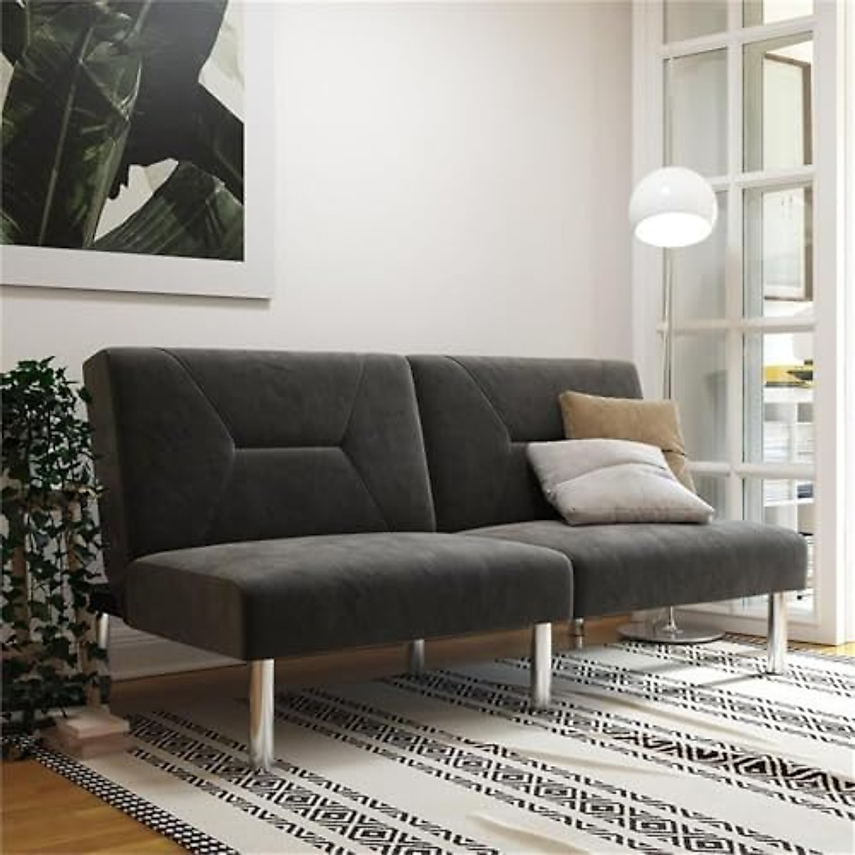 DHP Mara 69 Inch Futon Sofa Bed in Velvet Fabric, Modern Armless Upholstered Couch Sleeper for Small Spaces, Tufted Back, Gray