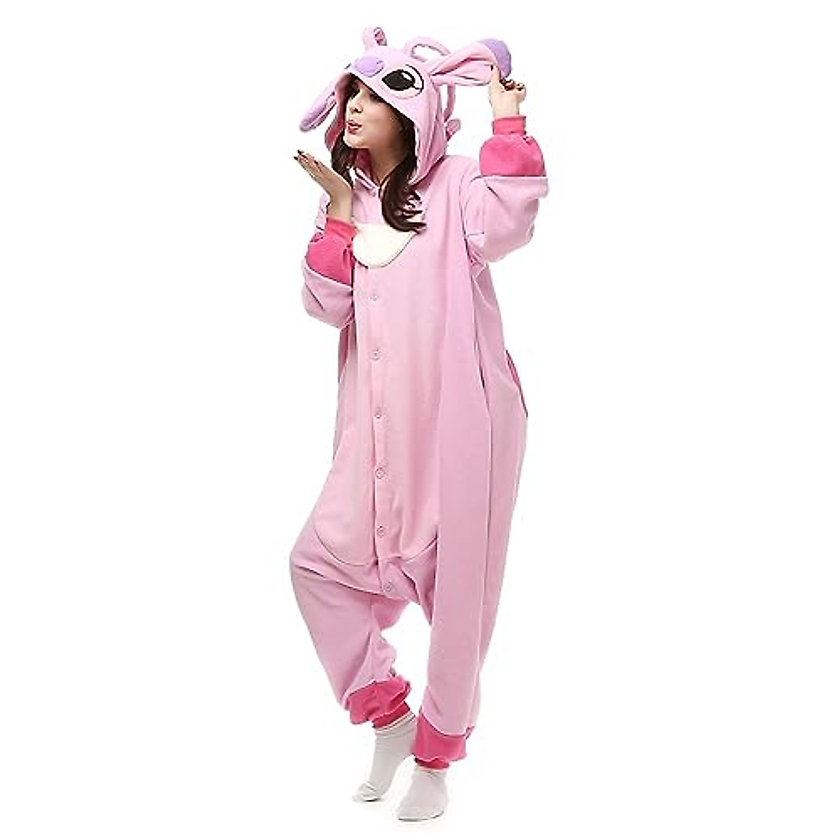 KIGUZAN Pink Stitch Onesie Costumes for Women Men Adult Unisex Halloween Party Christmas Animal Pajamas Small