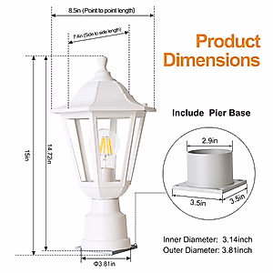 FUDESY Outdoor Post Light, Outdoor White Lamp Post Light Fixture with Pier Mount Base, Waterproof Pole Light Fixture with E26 Socket, Exterior Lamp Post Lantern for Garden Yard Patio Pathway