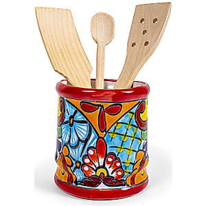 Genuine Mexican Kitchen Talavera Utensil Holder Hand Painted Pottery Ceramic for Kitchen Utensil Crock Spoon Rest Handmade in Mexico by Artisans (Red)