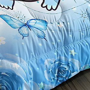 AILONEN Cartoon Axolotl Kids Comforter Set Queen Size, Blue Axolotl Printed Kawaii Bedding Set Girls Bed in a Bag 3 Pieces,Wildlife Animals Axolotl Salamander Comforter with 2 Pillowcases