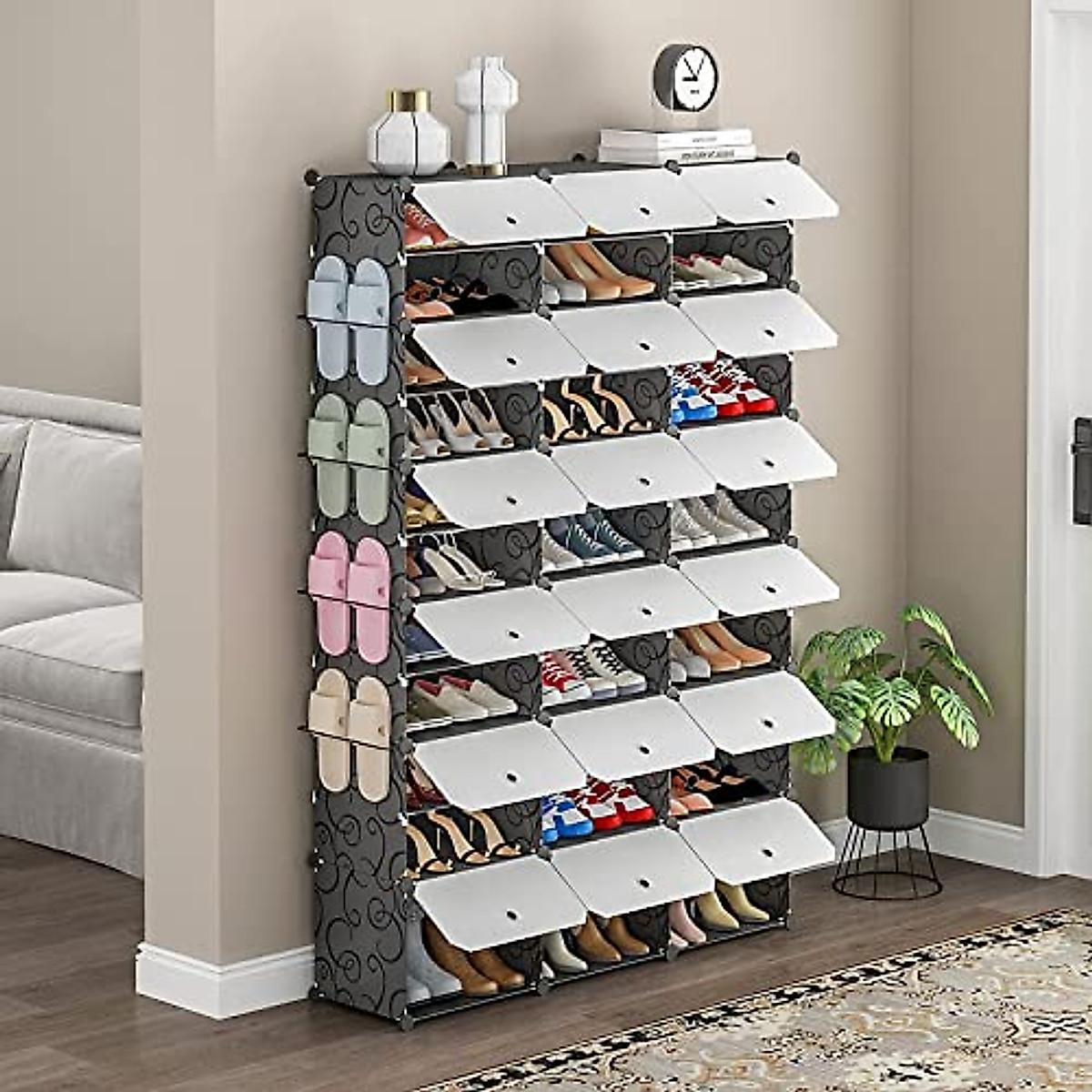 KOUSI Portable Shoe Rack Organizer Tower Shelf Storage Cabinet Stand Expandable for Heels, Boots, Slippers， 12-Tiers Black