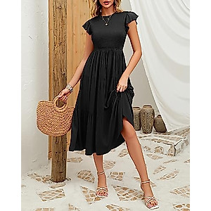 Holipick Women's Summer Casual Dress Short Sleeves Crew Neck Smocked High Waist Tiered A-Line Midi Dress M Black