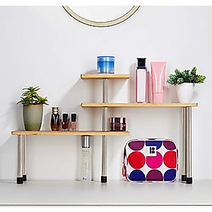 PETUPPY 3 Tier Corner Shelf-Bamboo & Metal Spice Rack with Hooks-Desk Bookshelf Display Shelves Space Saving Organizer,Freestanding Countertop Display Shelves for Bathroom & Office