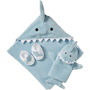 Baby Aspen Let The Fin Begin 4 Pc Bath Time Gift Set, Baby Shark Hooded Towel, Newborn, 0-9 Months, Blue