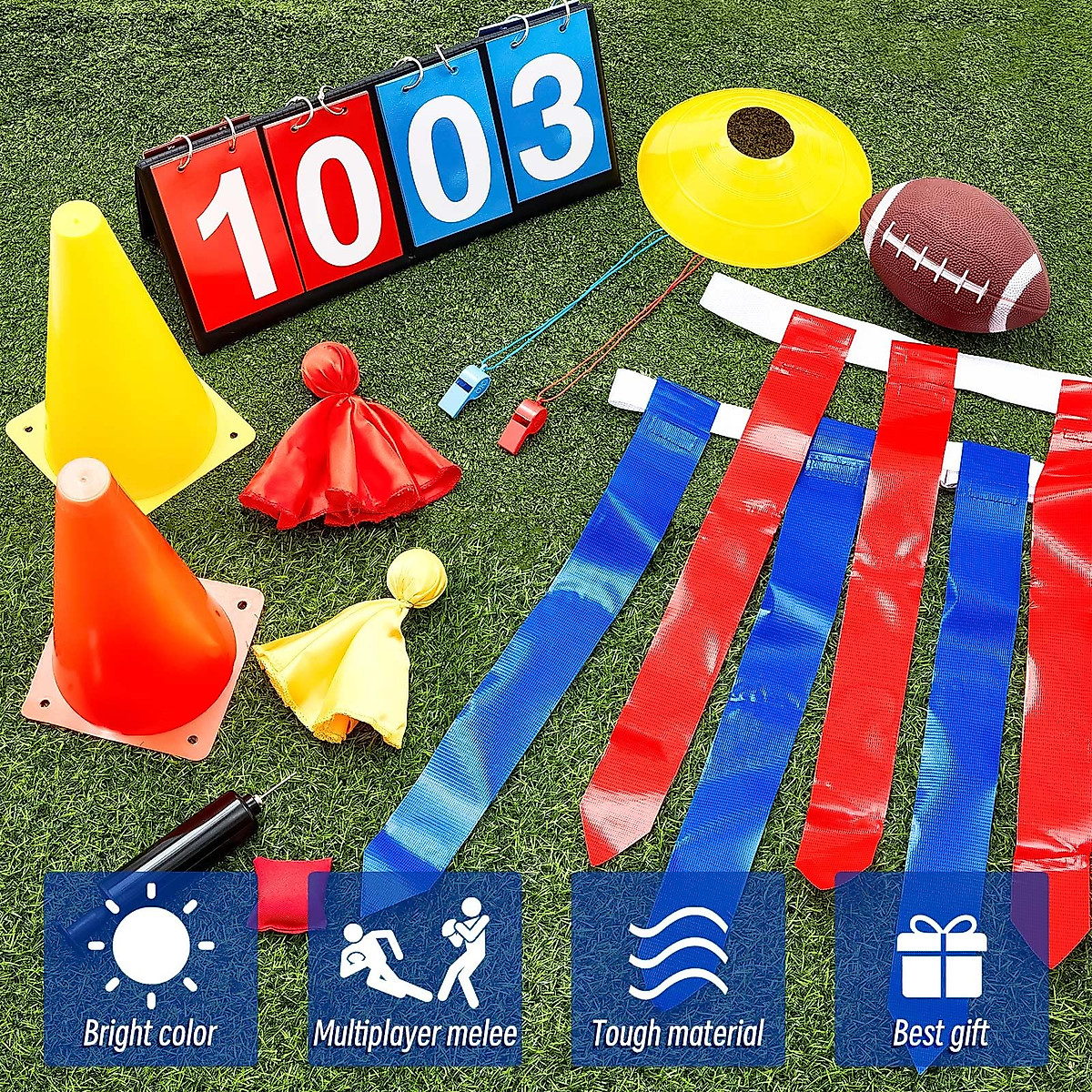 Liliful 20 Player Football Penalty Flags Set, Includes 1 Rugby 20 Adjustable Flag Belts 2 Whistles and Carrying Bag for Adult(Red and Blue)