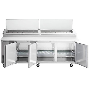 Commercial Grade Pizza Prep Table | Stainless Steel | 3 Doors | Insulated Lids | 19.5” x ½” Cutting Board Included | (12) 1/3 Size Pans Included | 91.9” x 31.5” x 39.4” | R-290 Natural Refrigerant