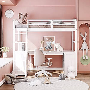 DNChuan Loft Bed with Desk/Drawers/Cabinet/Shelves, Wooden Loft Bed More Storage Space Twin Size - White