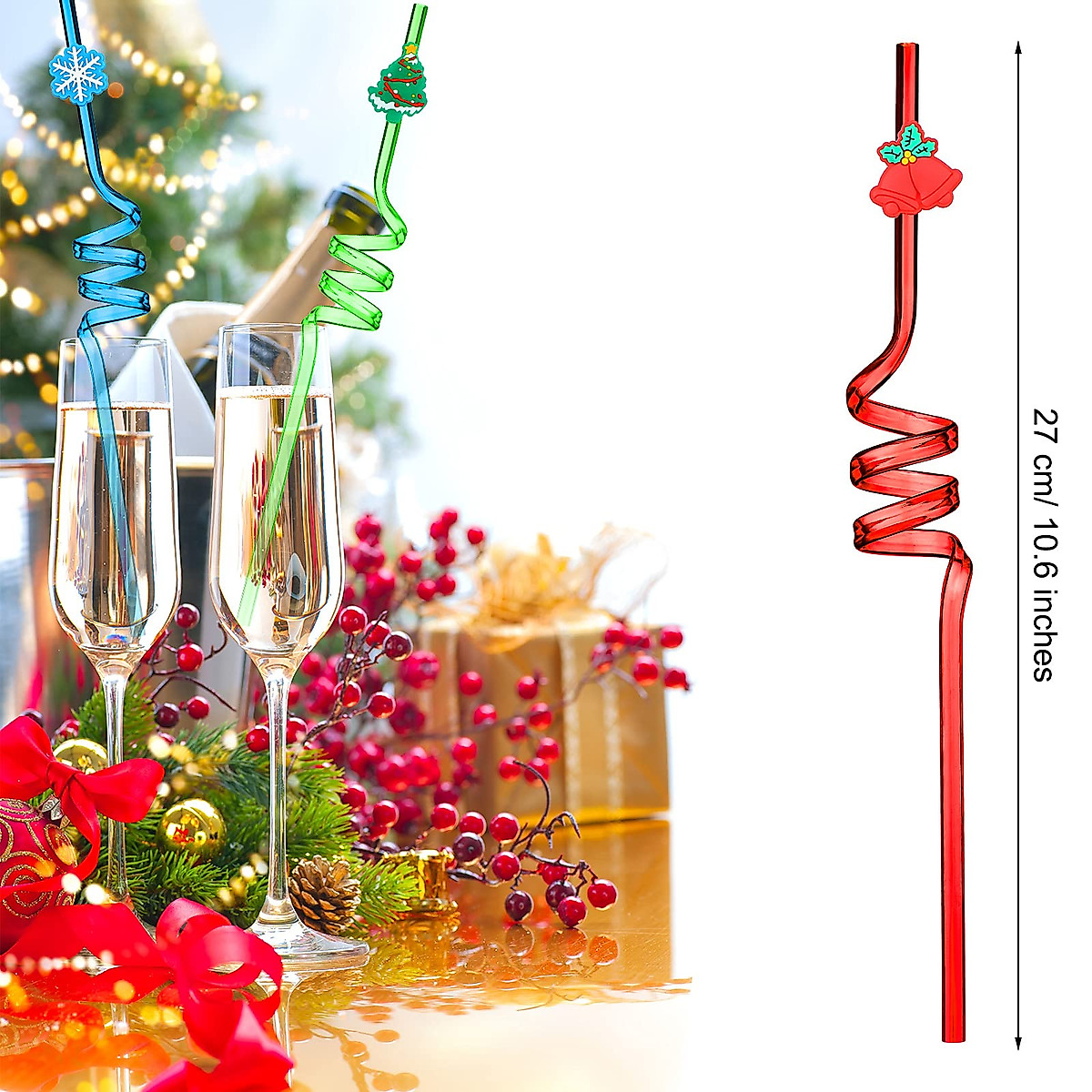 24 Pieces Christmas Drinking Straws Reusable Xmas Theme Party Plastic Straw, Santa Claus Snowman Christmas Tree Baby Shower Colorful Cartoon Straws for Christmas Birthday Party Favors, 8 Styles