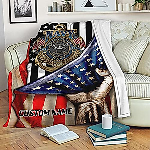 PAgree Personalized US Navy Blanket - Gift Military Tapestry Throw Military Insignia Fleece Blankets Navy Blue Fleece Throw Blankets for Bed Sofa Living Room Soft Blanket Warm Cozy Fluffy Throw (UN1)