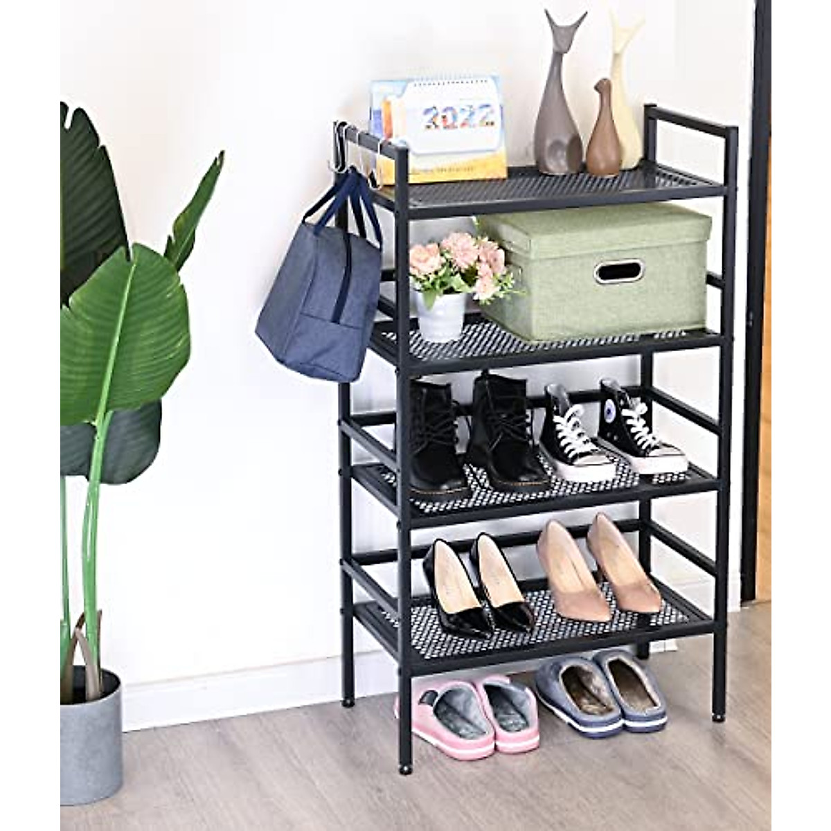 37.4" Metal Storage Shelf Rack Adjustable Height 4-Tier Utility Kitchen Standing Shelving w/ 4 Hooks, Shoe Rack heavy Duty for Laundry Bathroom Garage Pantry Load upto 83LBS per Tier, Matte Black