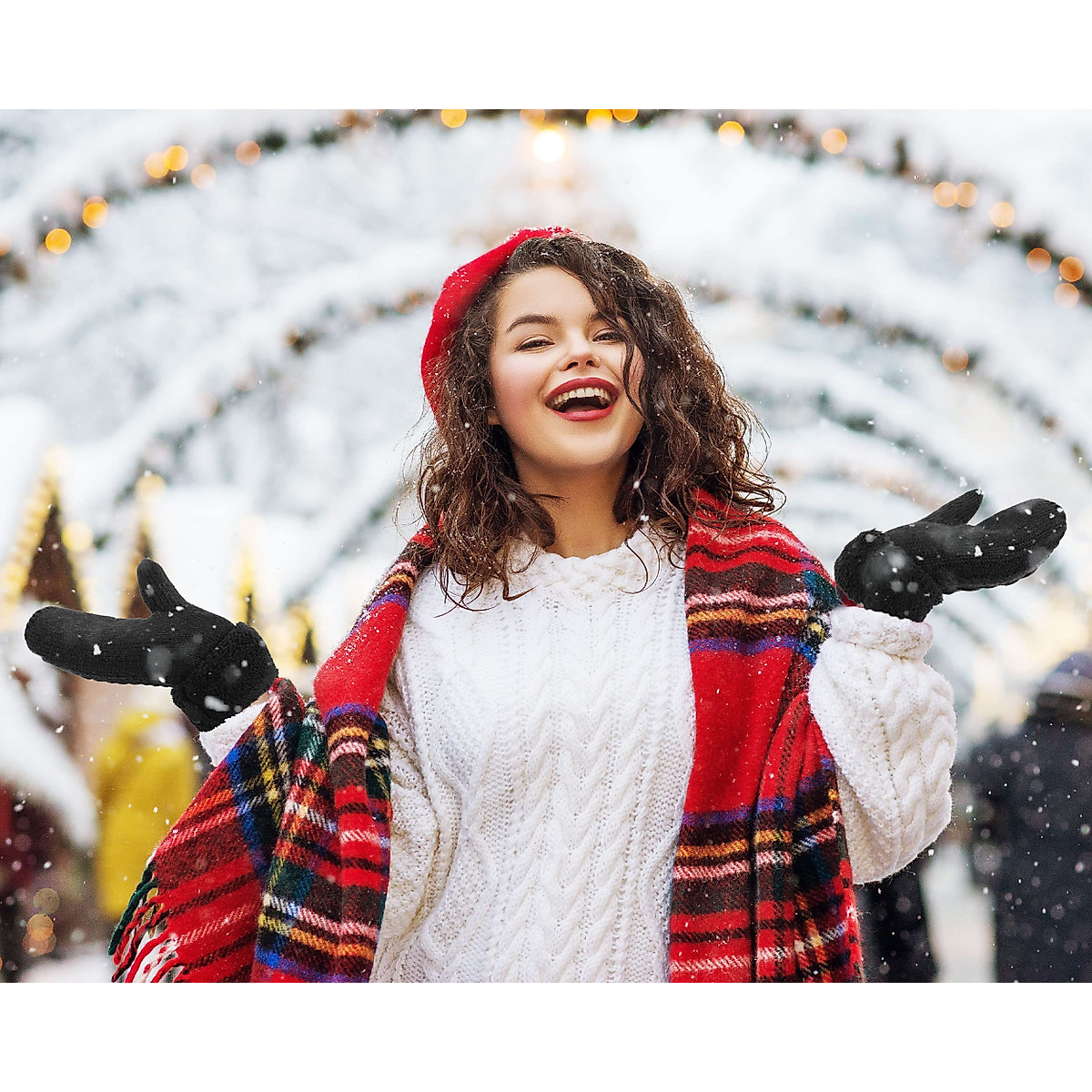 Verabella Womens Mittens Cold Weather Sherpa Lined Mittens Women Winter Mittens Warm Mittens for Women,2 Pairs,Black/Light Grey Braid