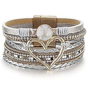 Fesciory Leopard Bracelet for Women, Boho Leather Wrap Multi-Layer Pearl Crystal Bracelet Bangle Jewelry (B33:Heart Leather(Silver))