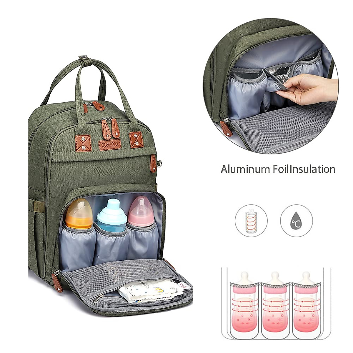 OUSIJOJO Diaper Bag Backpack, Green, with Changing Pad, 16.5x8x12 inches, Large Capacity, 18 Pockets, Waterproof, for Baby Girl Boy