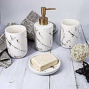 Qulable Cream Bathroom Accessories Set Complete, 4 Pcs Ceramic Bathroom Decorations Accessories Sets Includes Lotion Dispenser, 2 Tumblers and Soap Dish for Bath Decor, Countertop Vanity Organize