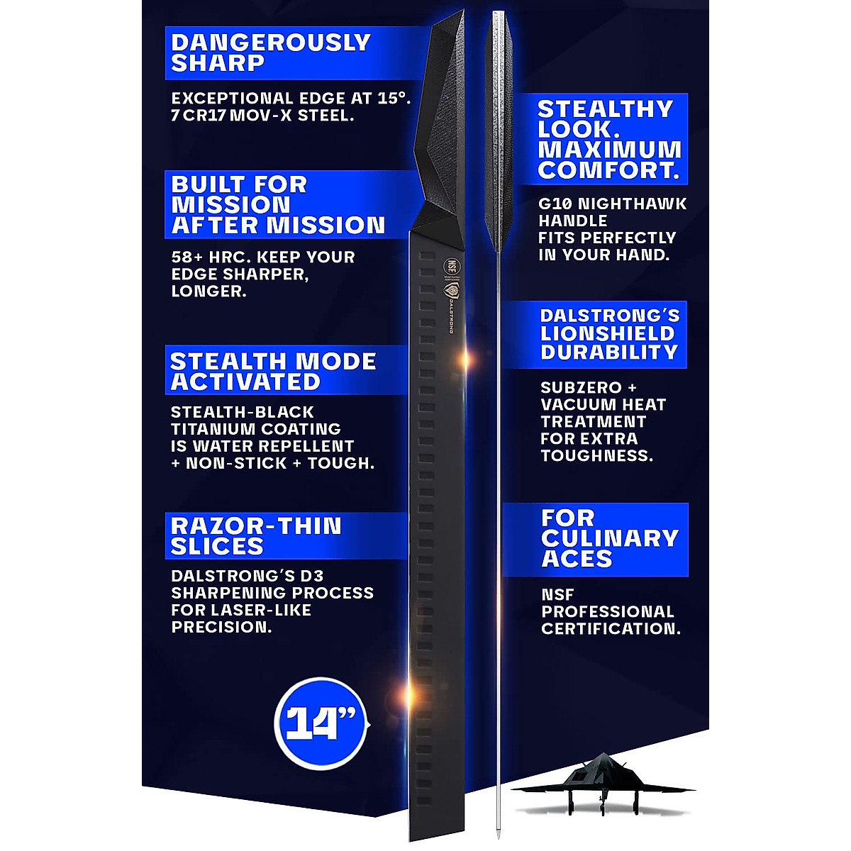 Dalstrong Slicing Knife - 14 inch - Shadow Black Series - Black Titanium Nitride Coated - High Carbon - 7CR17MOV-X Vacuum Treated Steel Carving Knife - Sheath - Kitchen Knife Slicer - NSF Certified