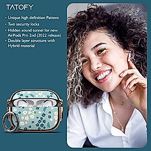 TATOFY case for AirPods Pro 2, AirPods Pro, Lock AirPod Pro 2 Case for Women, Flora Hard case with Carabiner, Support Wireless Charging, LED Visible (Cyan)